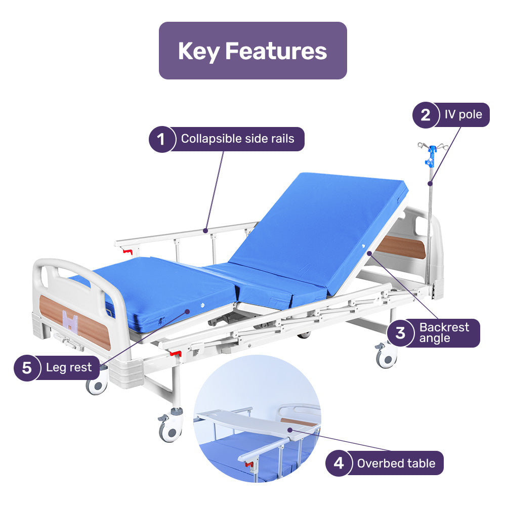 EQUIPMED 4 Function Medical Bed, w/ Mattress & Over Bed Table, Easy Ma ...