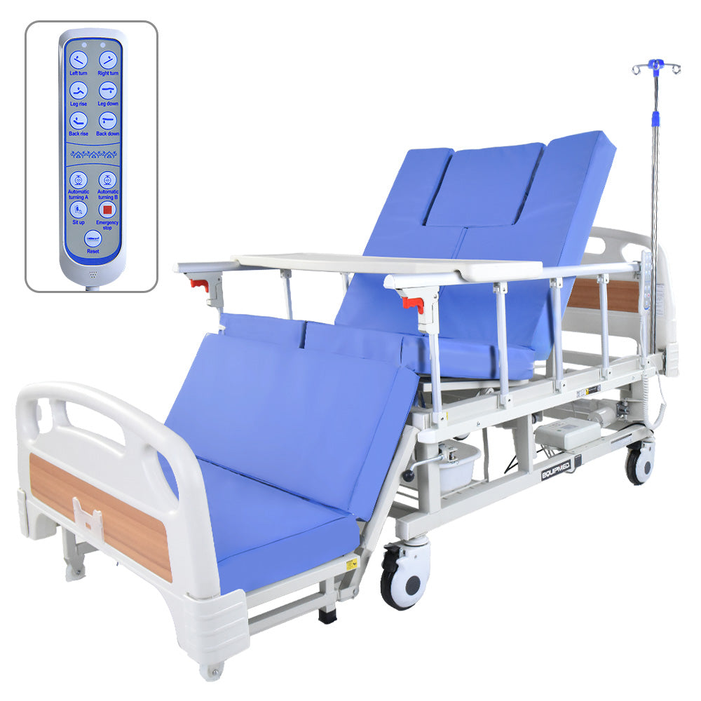 EQUIPMED Electric 8 Function Medical Bed , w/ Mattress & Over Bed Tabl ...