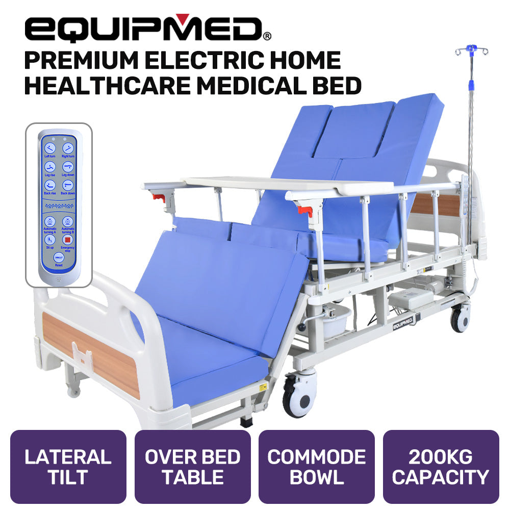 EQUIPMED Electric 8 Function Medical Bed w/ Mattress & Over Bed Table ...
